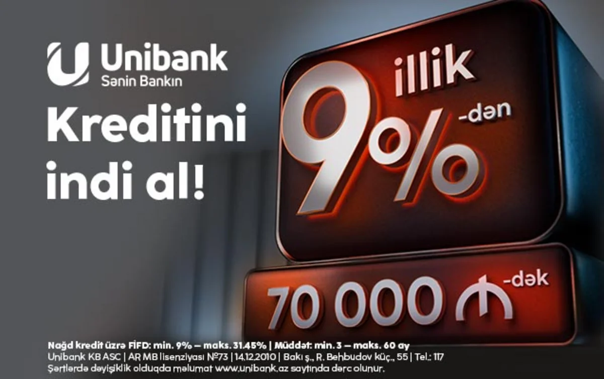 "Unibank"dan yeni qərar: nağd kreditlər 9%-dən, maksimal məbləğ 70 000 ...